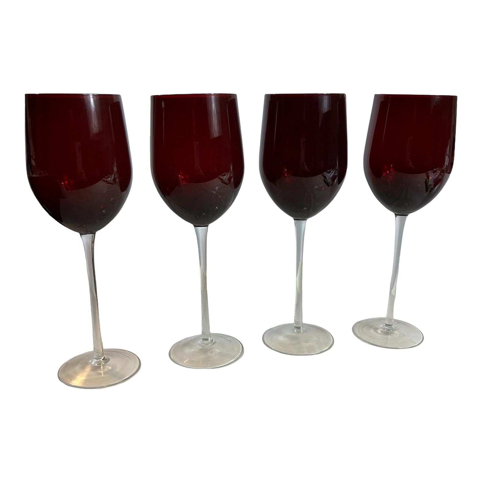 Vintage Ruby Red Wine Goblet Glasses Clear Stems - Set of 4 | Chairish