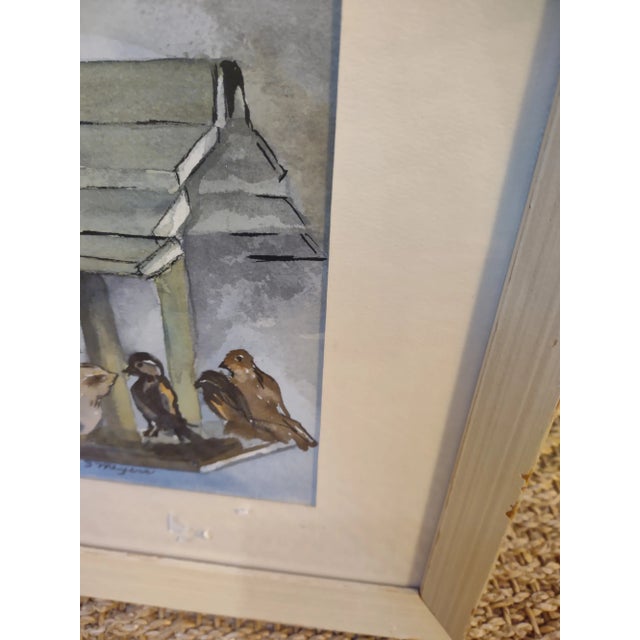 1950s Charming Vintage Watercolor of Birds at a Feeder | Chairish