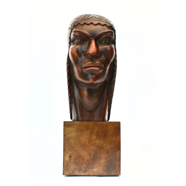 1940s Peruvian Warrior Indian Sculpted Head in Wood by A. Silva | Chairish