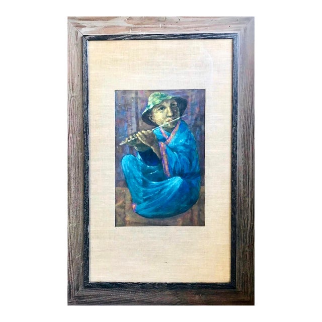 Mid Century Modern Oil on Linen Indigenous Flute Player Listed Artist ...