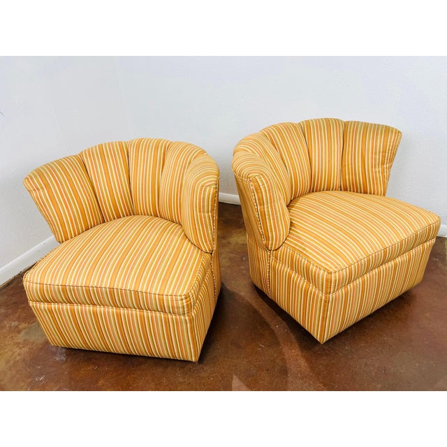 1950s Striped Channel Back Swivel Chairs - A Pair | Chairish