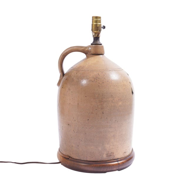 American Stoneware Jug Lamp With Wood Base and Hand-Loomed Wool ...