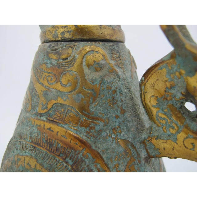 Chinese Archaic Bird Bronze Ware Gold Toad Accent Ritual Wine Vessel ...