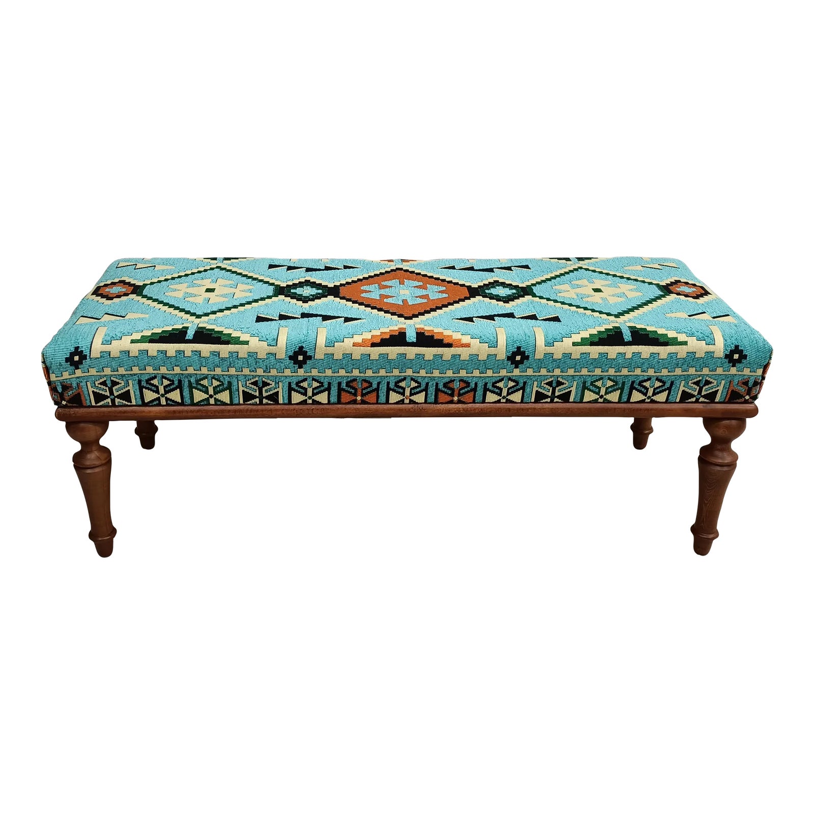 Blue Aztec Kilim Upholstered Ottoman Bench | Chairish