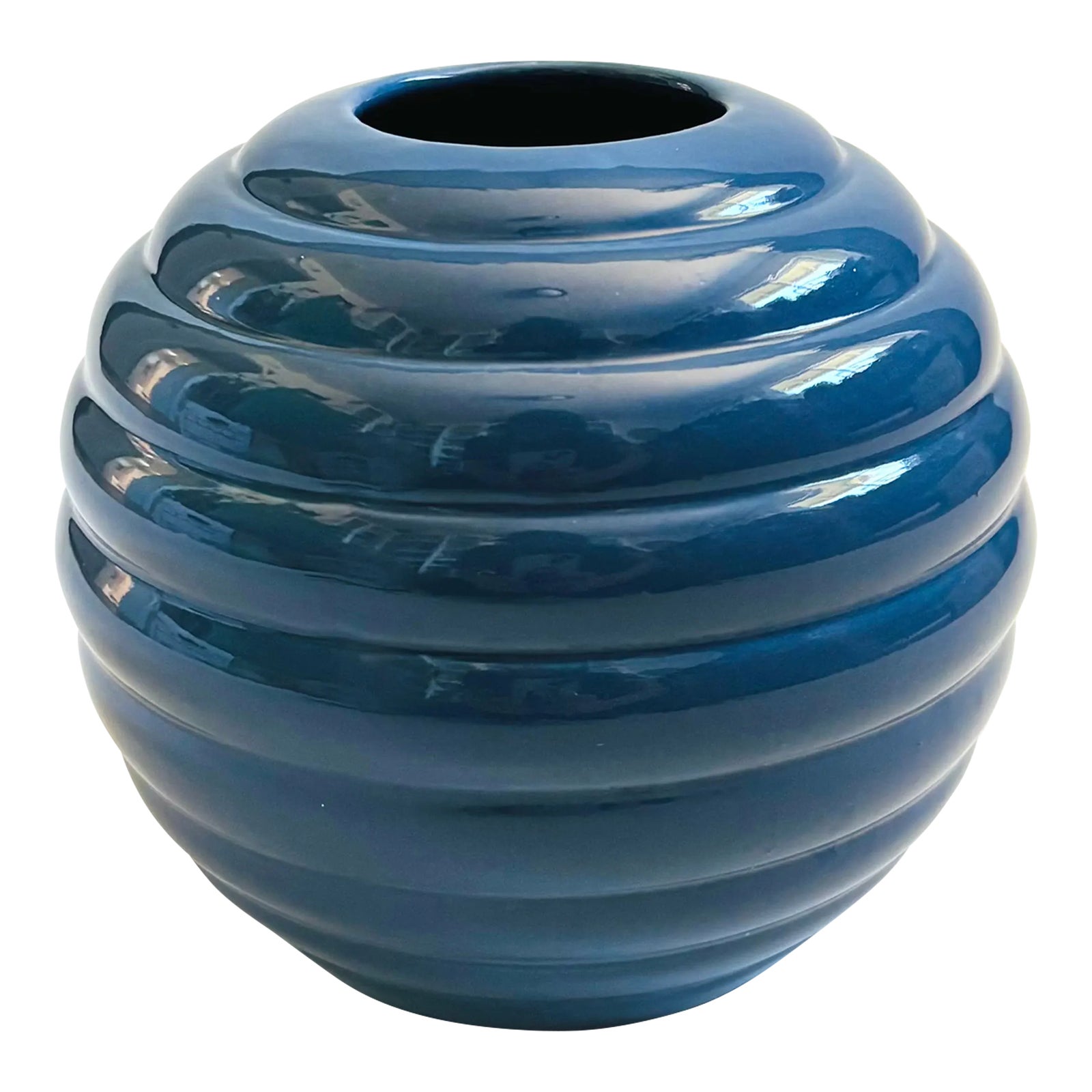 Ribbed Blue Sphere Vase by Pottery Craft | Chairish