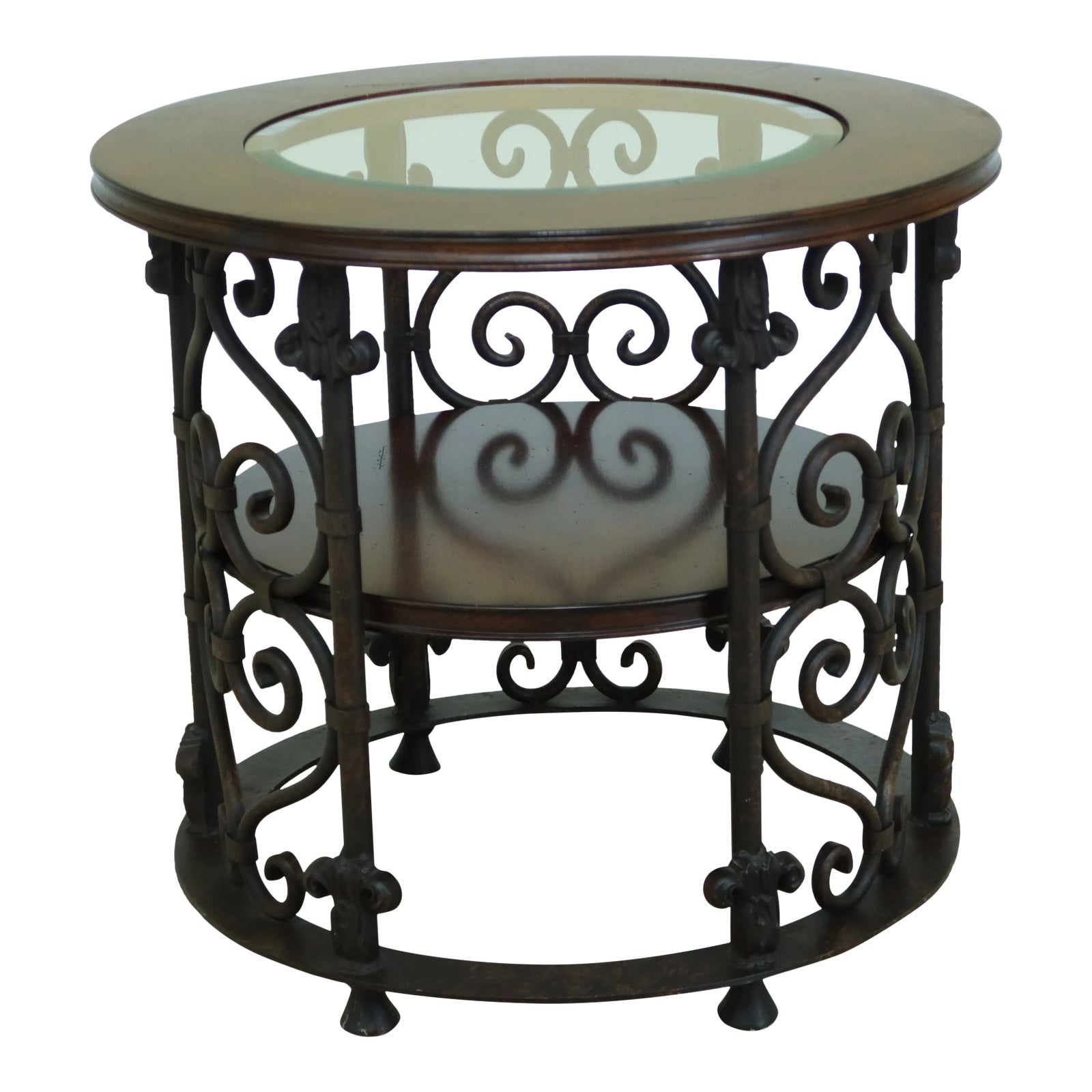 Sherrill Round Rustic Finish Glass Top Metal Base Occasional Table ...
