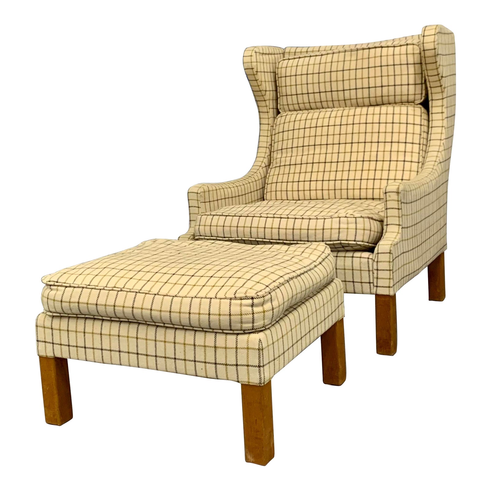 Danish Vintage Wingback Chair with Ottoman - Set of 2 | Chairish