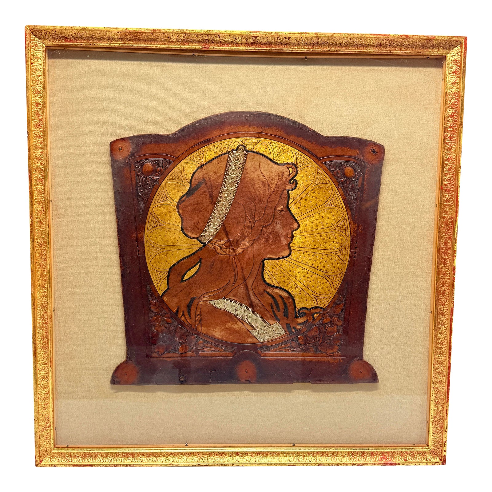 Alphonse Mucha Style Art Nouveau Leather Panel of a Woman in Profile ...