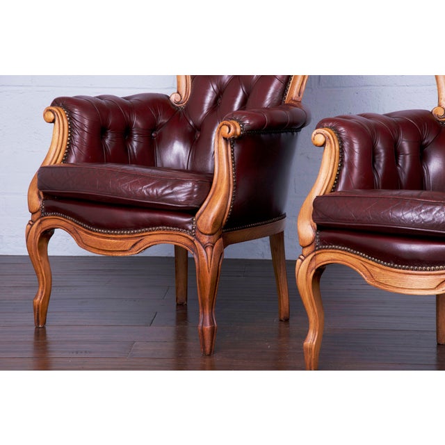 Antique French Louis XV Style Maple Armchairs W/ Buttoned Burgundy ...