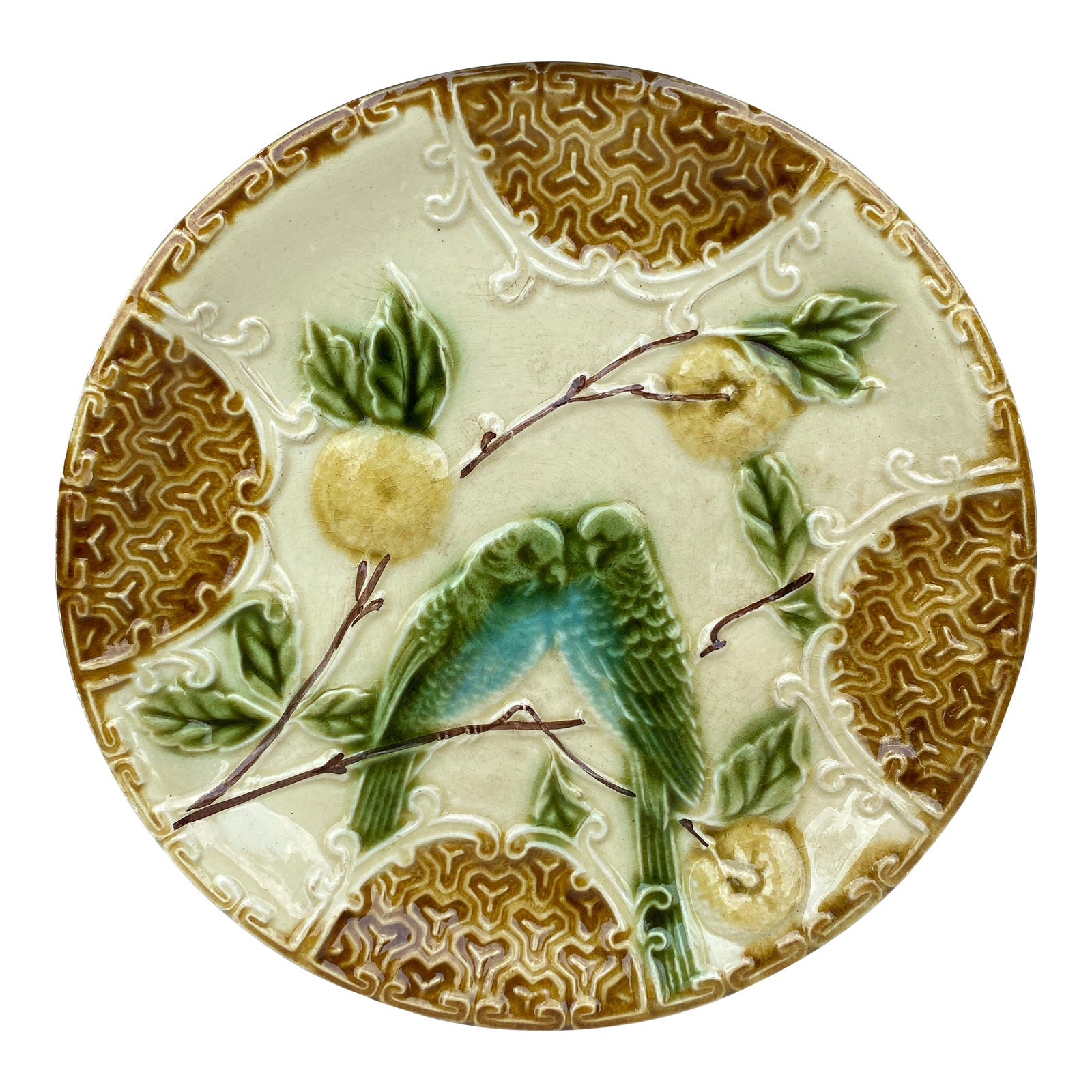 French Majolica Parakeets Plate Salins, Circa 1890 | Chairish