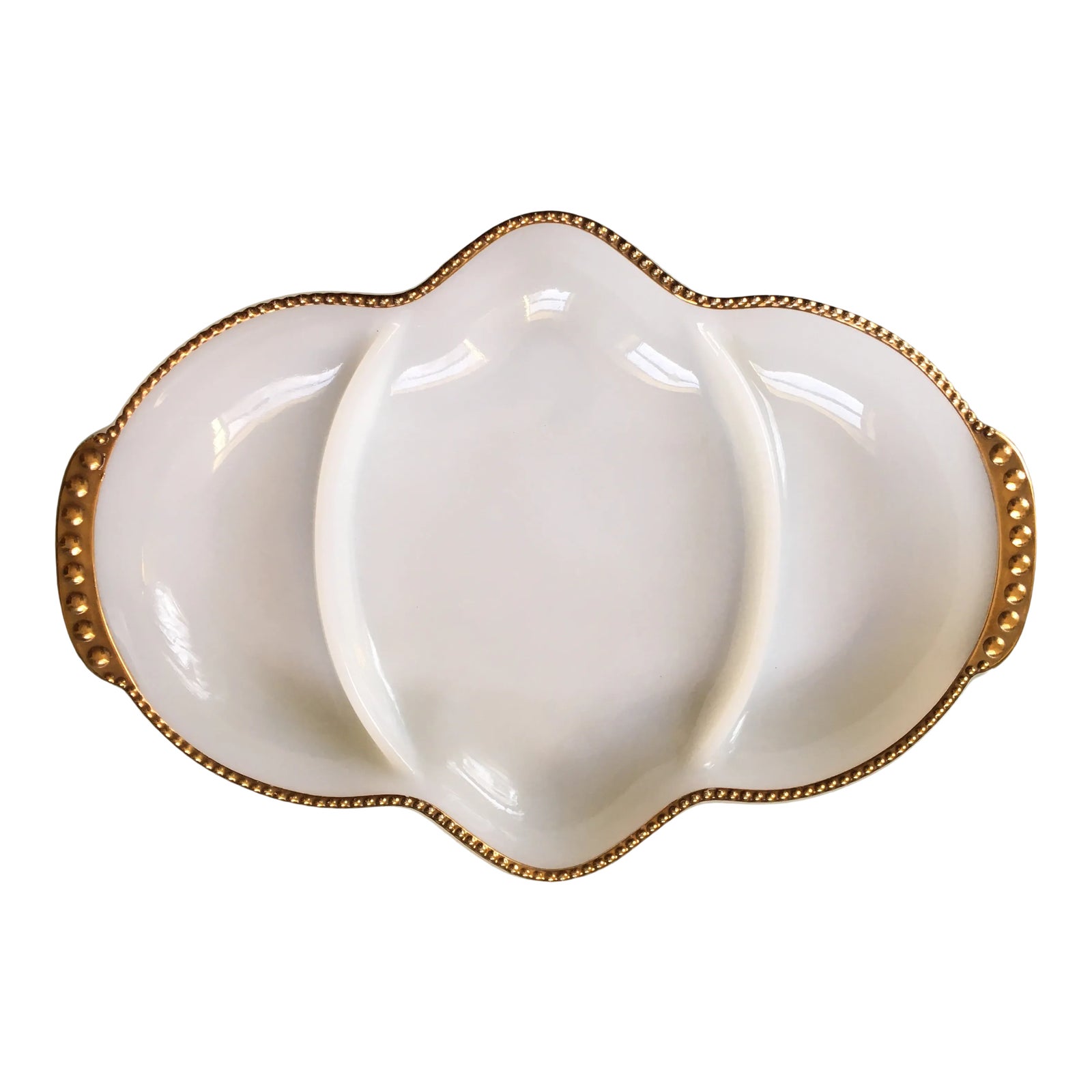 1940s Anchor Hocking Milk Glass Gold Trimmed Appetizer Tray | Chairish