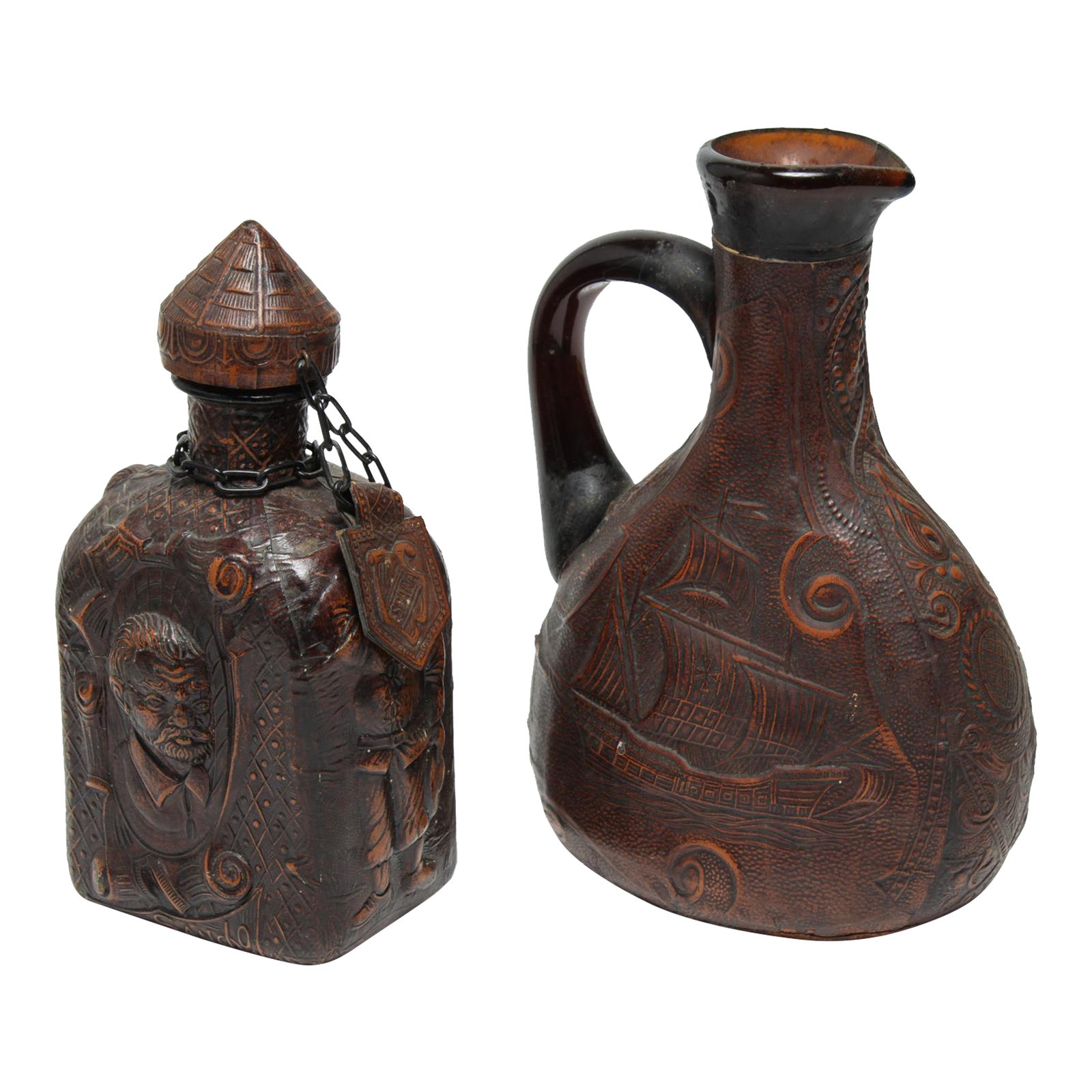 Spanish Liquor Jugs, Embossed & Tooled Leather | Chairish