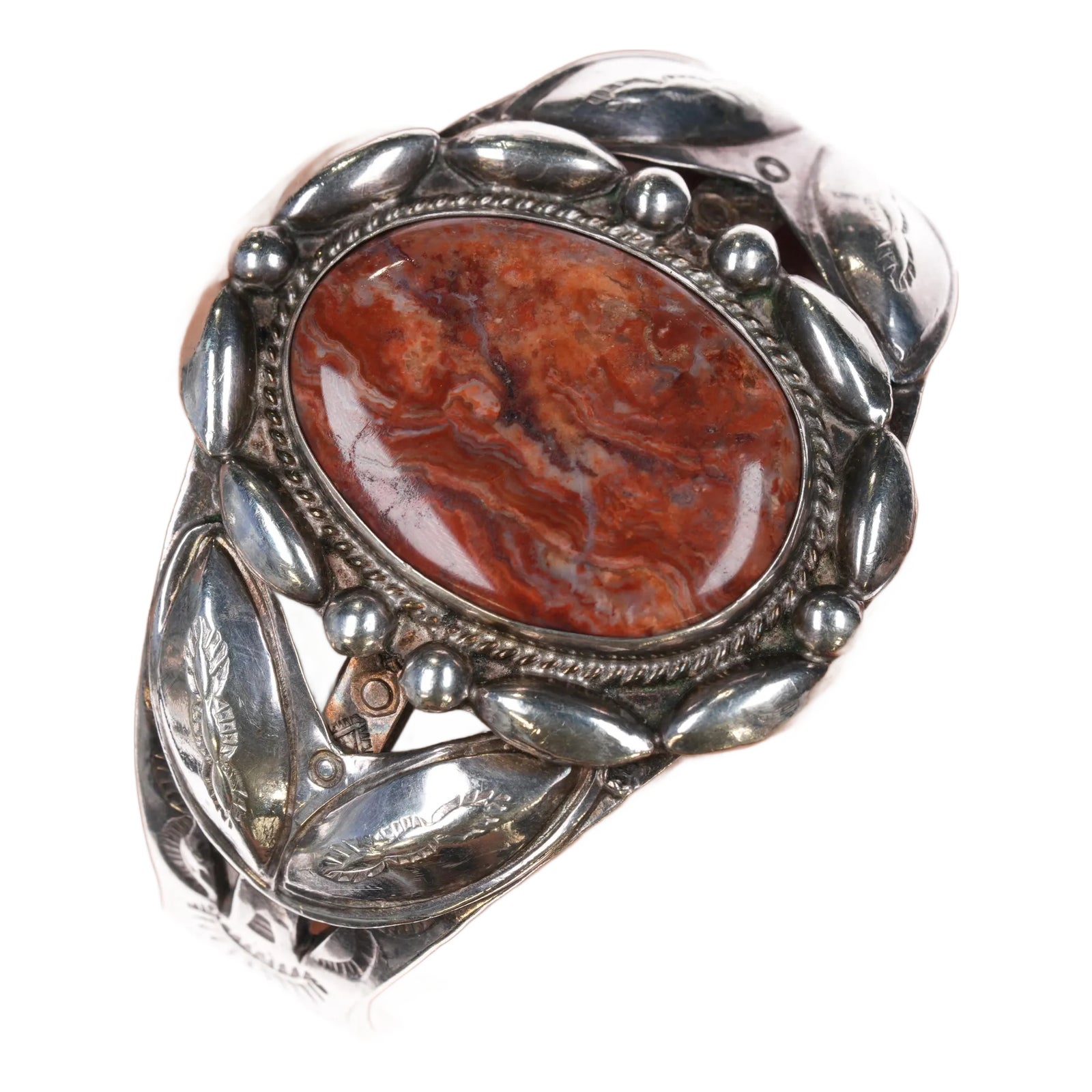 6.25" 40's-50's Fred Harvey style sterling/jasper cuff bracelet | Chairish