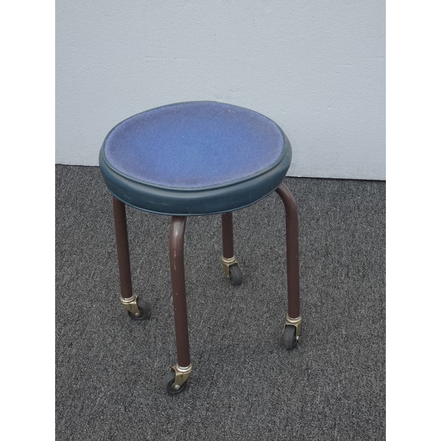Vintage Mid Century Modern Industrial Blue Stools on Castors | Chairish