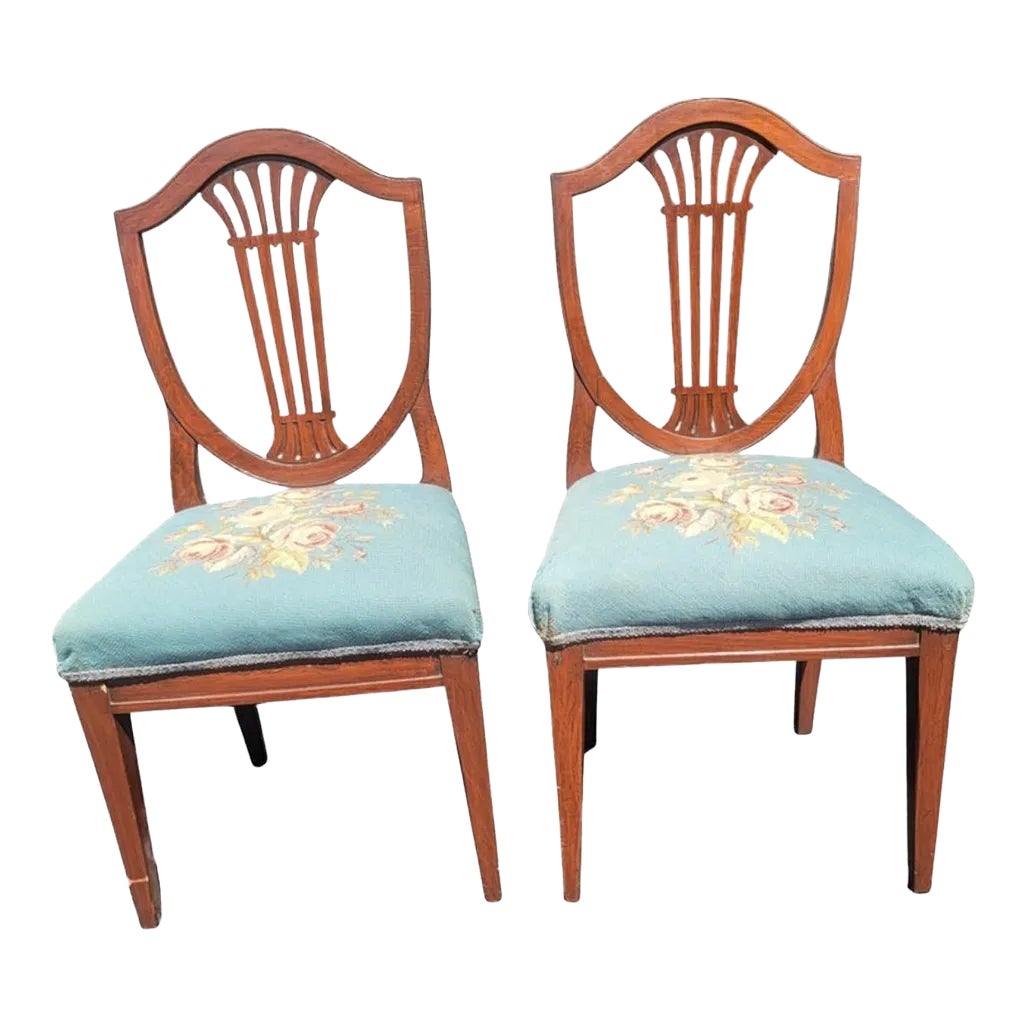 1940s Vintage Mahogany Shield Back Upholstered Needle Point Chairs, a ...
