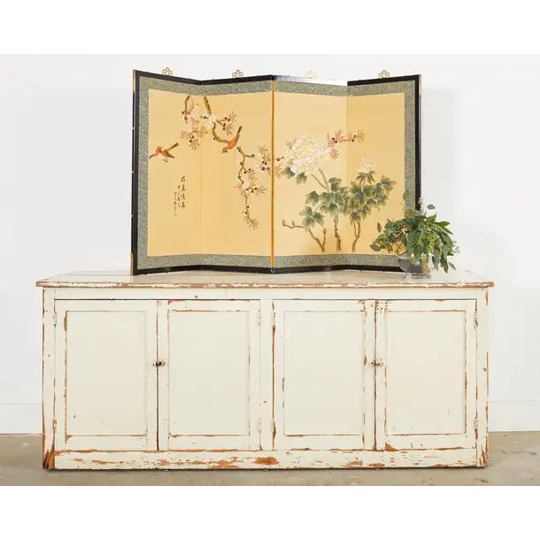 Japanese Style Four Panel Screen Spring Birds Singing | Chairish