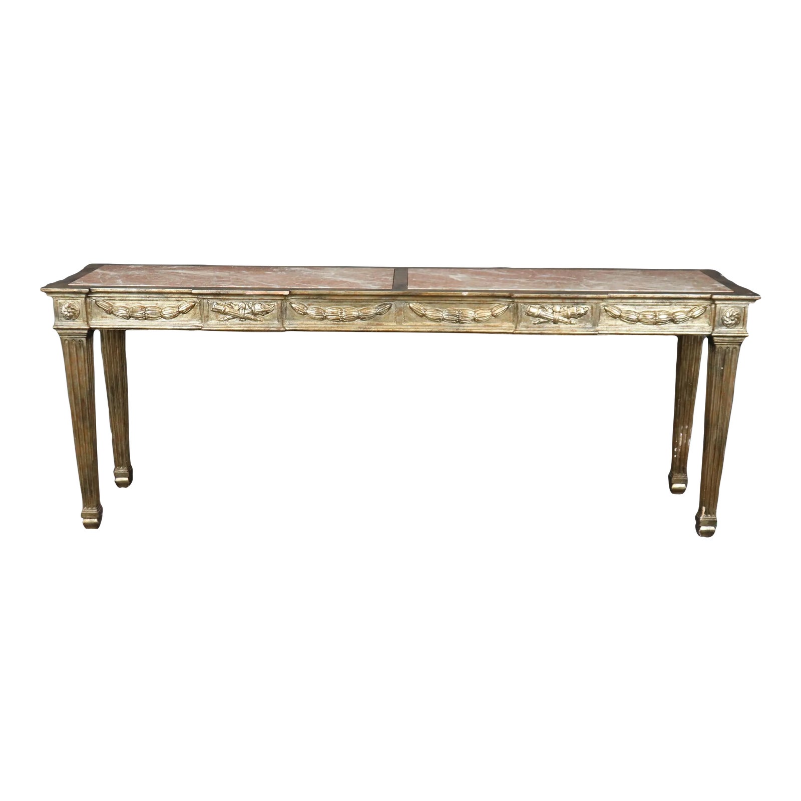 Grand French Marble Top Carved Louis XVI Directoire Silver Leaf Console ...