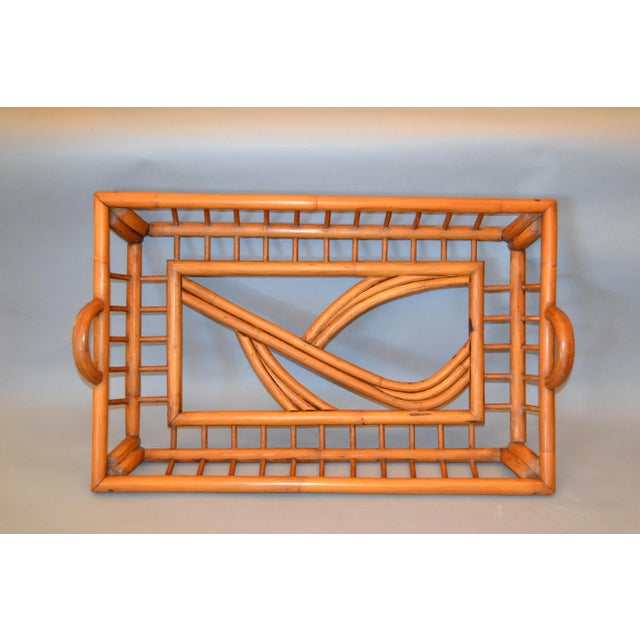 40s Boho Chic Handcrafted Bamboo Wood & Glass Table Tray, Serving Tray ...