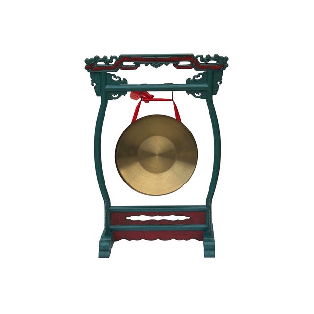 Chinese Oriental Turquoise Red Lacquer Dragon Motif Rack Gong Display ...