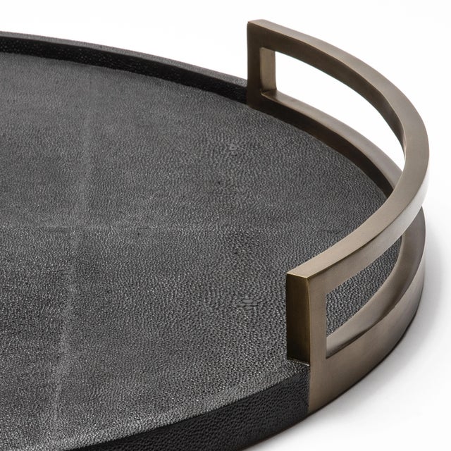 Extra Large Round Tray in Black Shagreen With Bronze Patina Brass by R ...