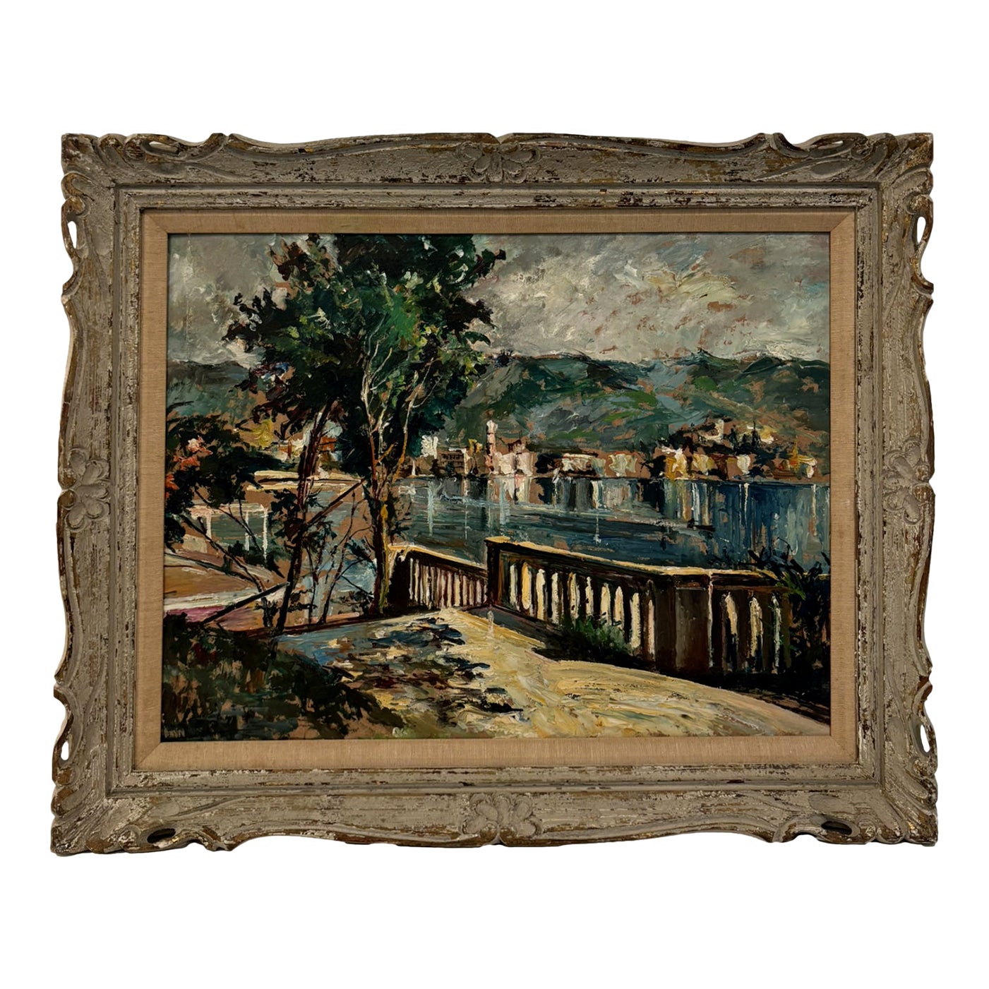 Vintage Textured Impressionist Oil Painting Cote d'Azur Coastal Town ...