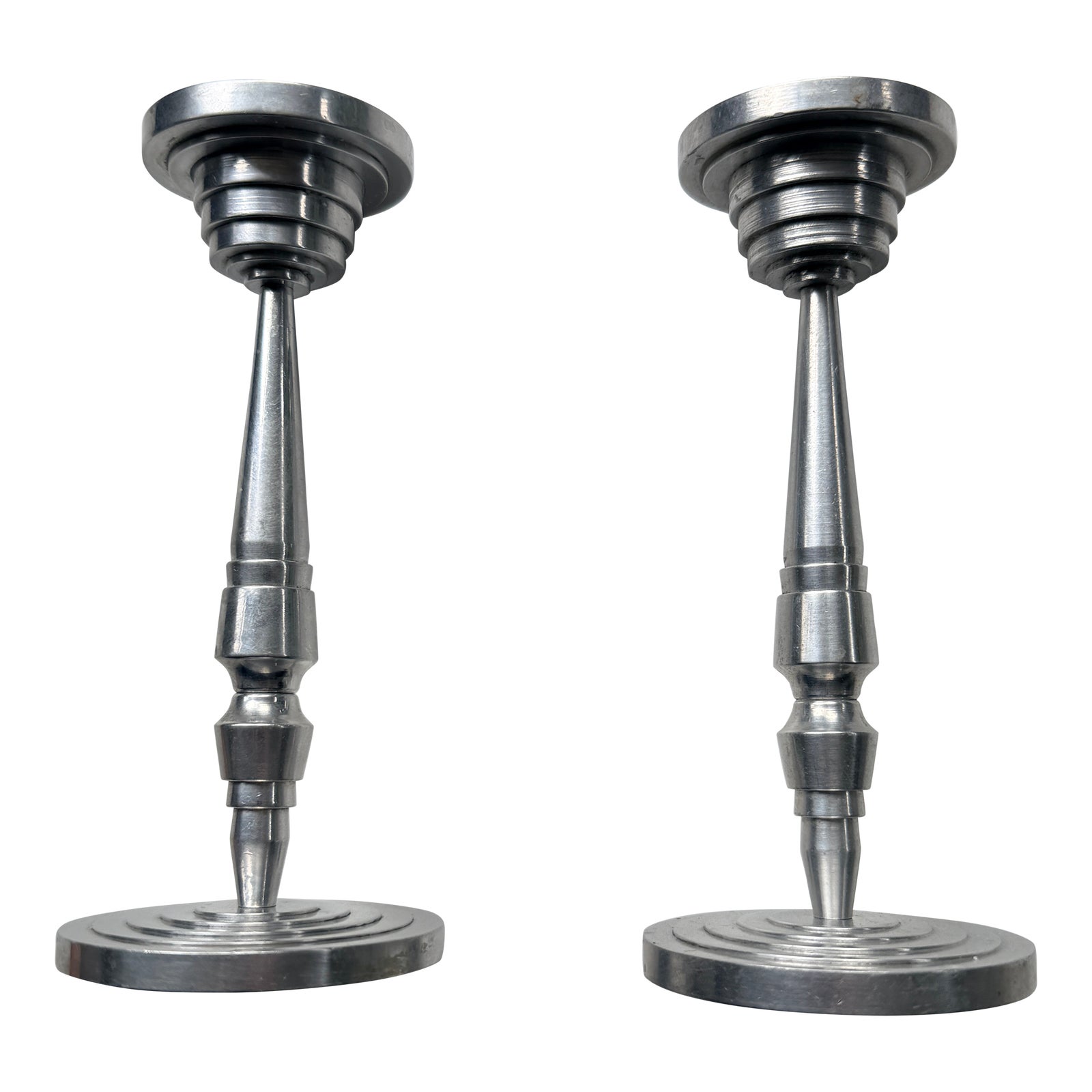 Pair of Industrial Machine Age Candlesticks, Aluminum. | Chairish