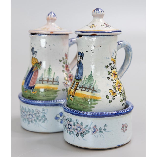 19th Century French Faience Quimper Oil & Vinegar Pitchers Cruet Set ...