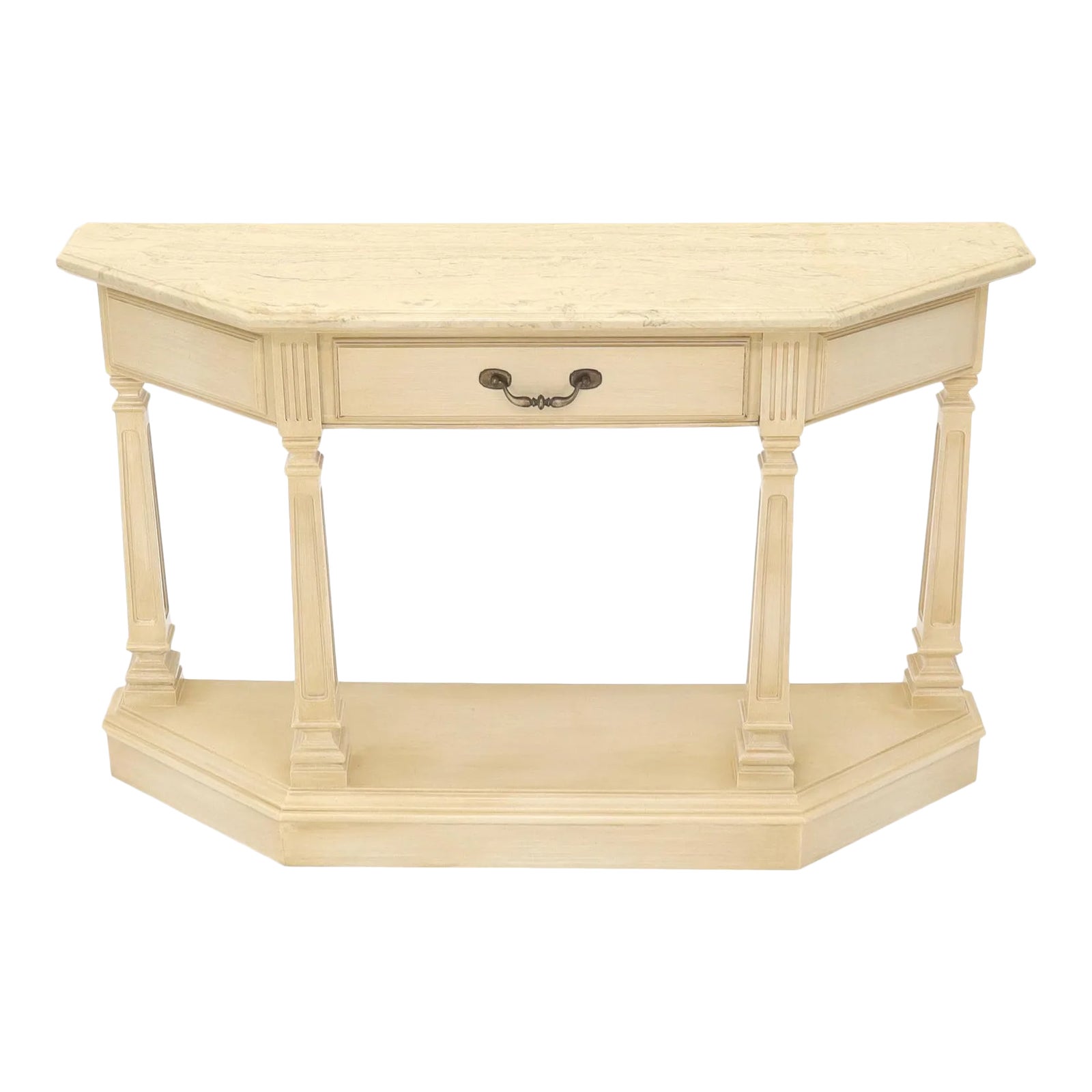 White Wash Finish One Drawer Wrap Around Shape Marble Top Console ...