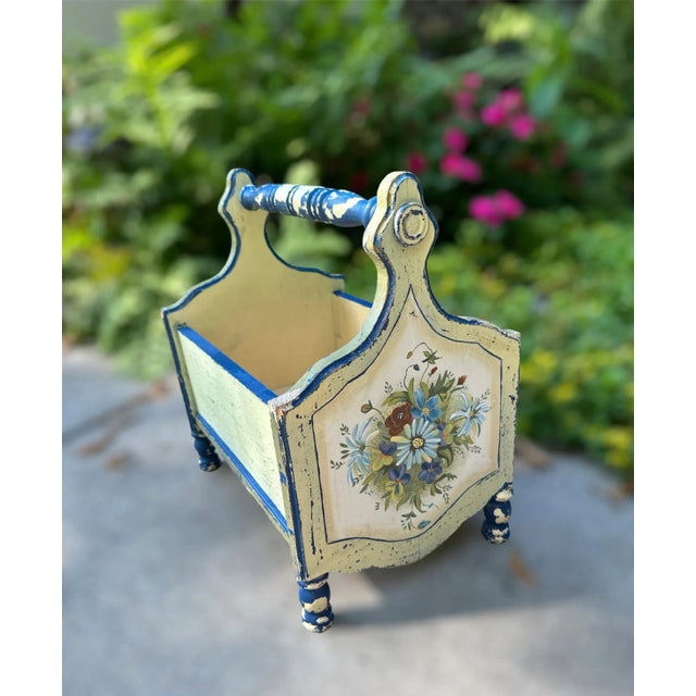 Vintage Painted Floral Wood Magazine Holder Storage | Chairish