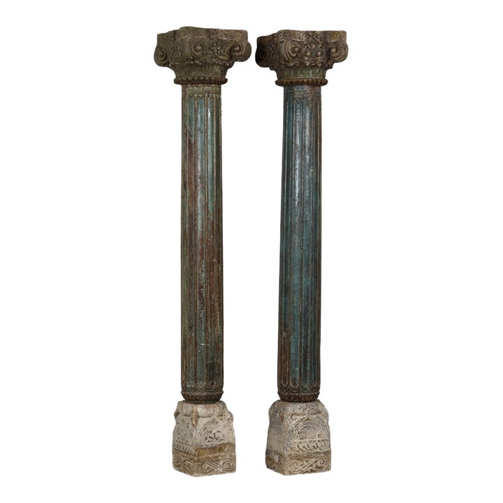 Pair of Antique Indian Painted Teakwood Column on Stone Base | Chairish