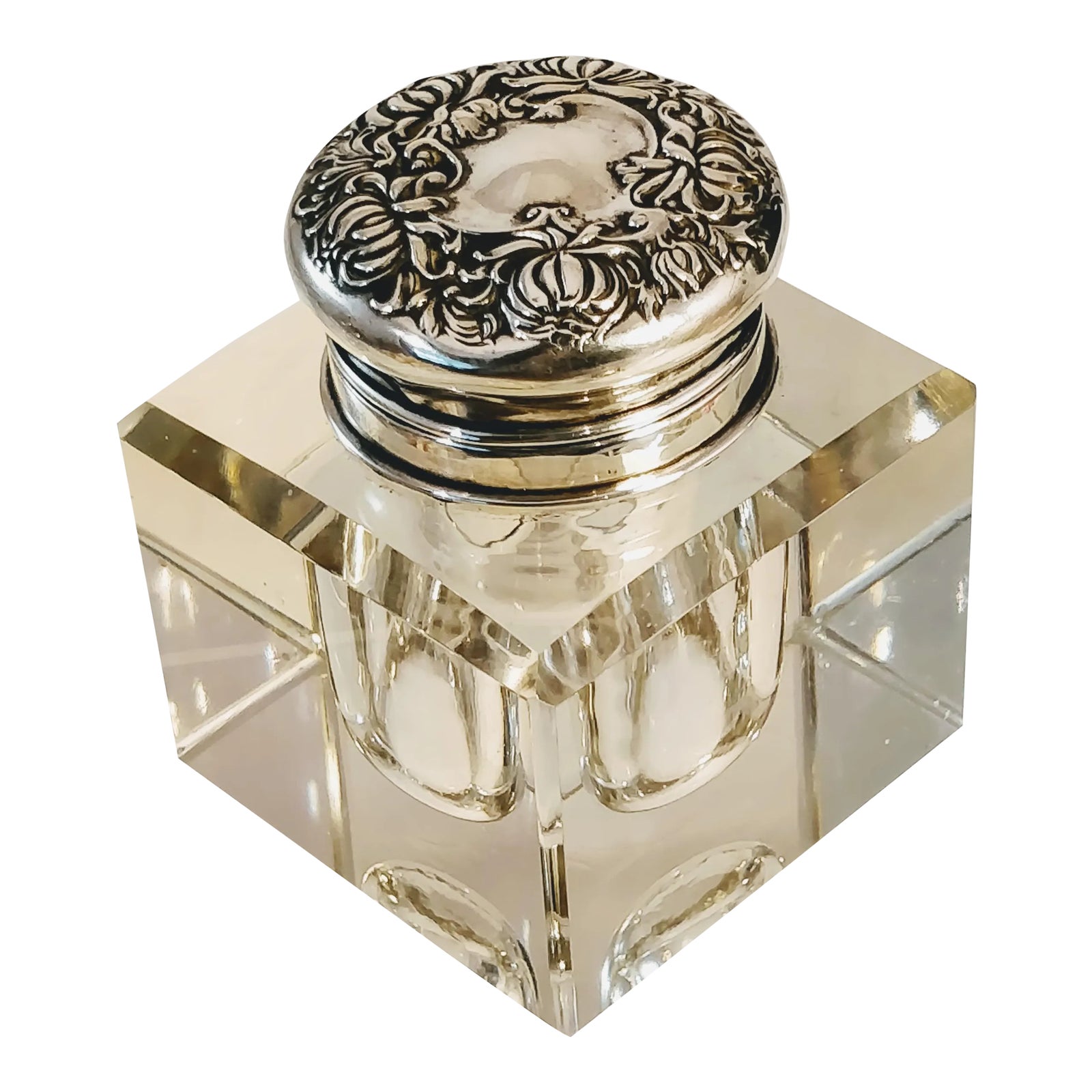 Lead Crystal Sterling Silver Inkwell With Repousee Lid | Chairish