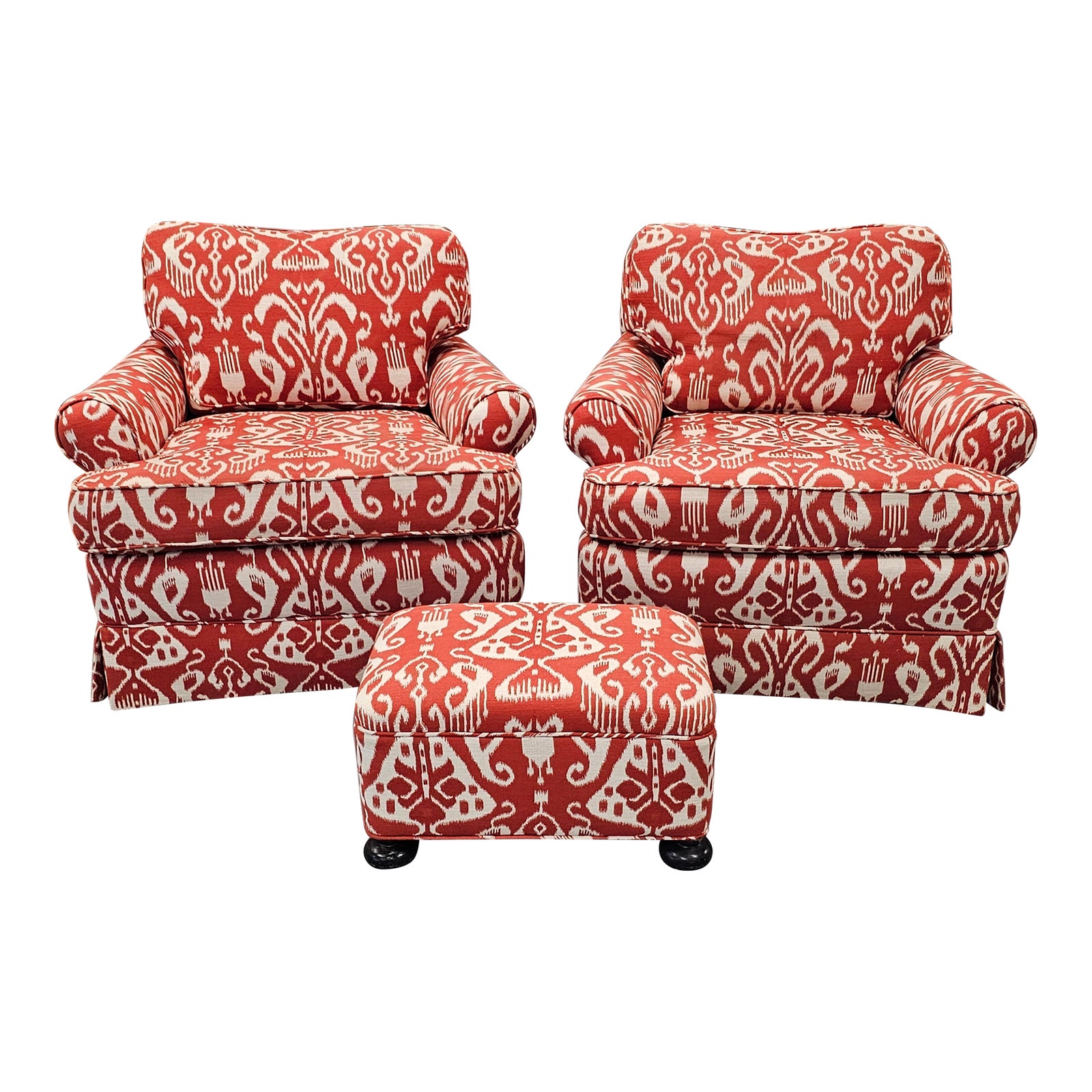Traditional Ikat Club Chairs & Ottoman - 3 Pieces | Chairish