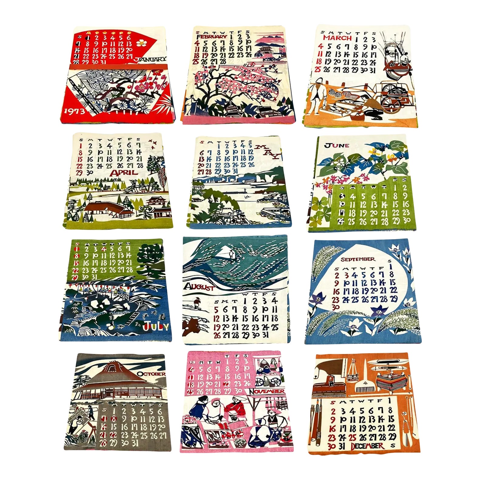 Set of 12 Katazome Mingei Original Prints by Takeshi Nishijima for ...