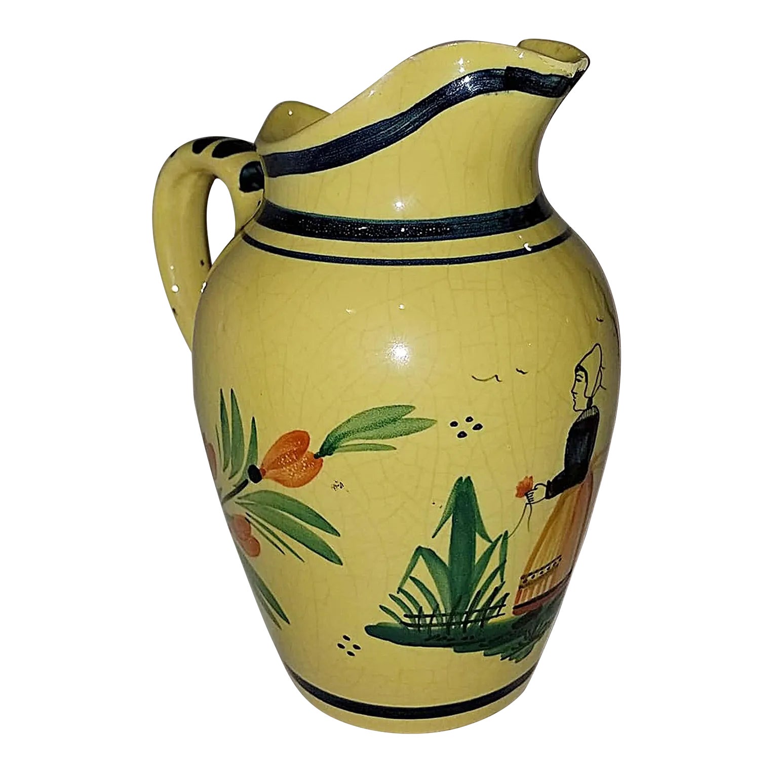 Quimper Soleil French Faience Wine Water Pitcher | Chairish