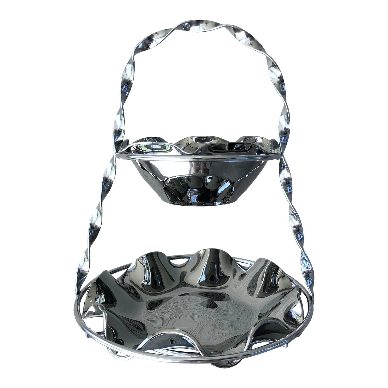 Mid 20th-Century Silver-Tone Mirrored Glass 2-Tier Fluted Bon Bon ...