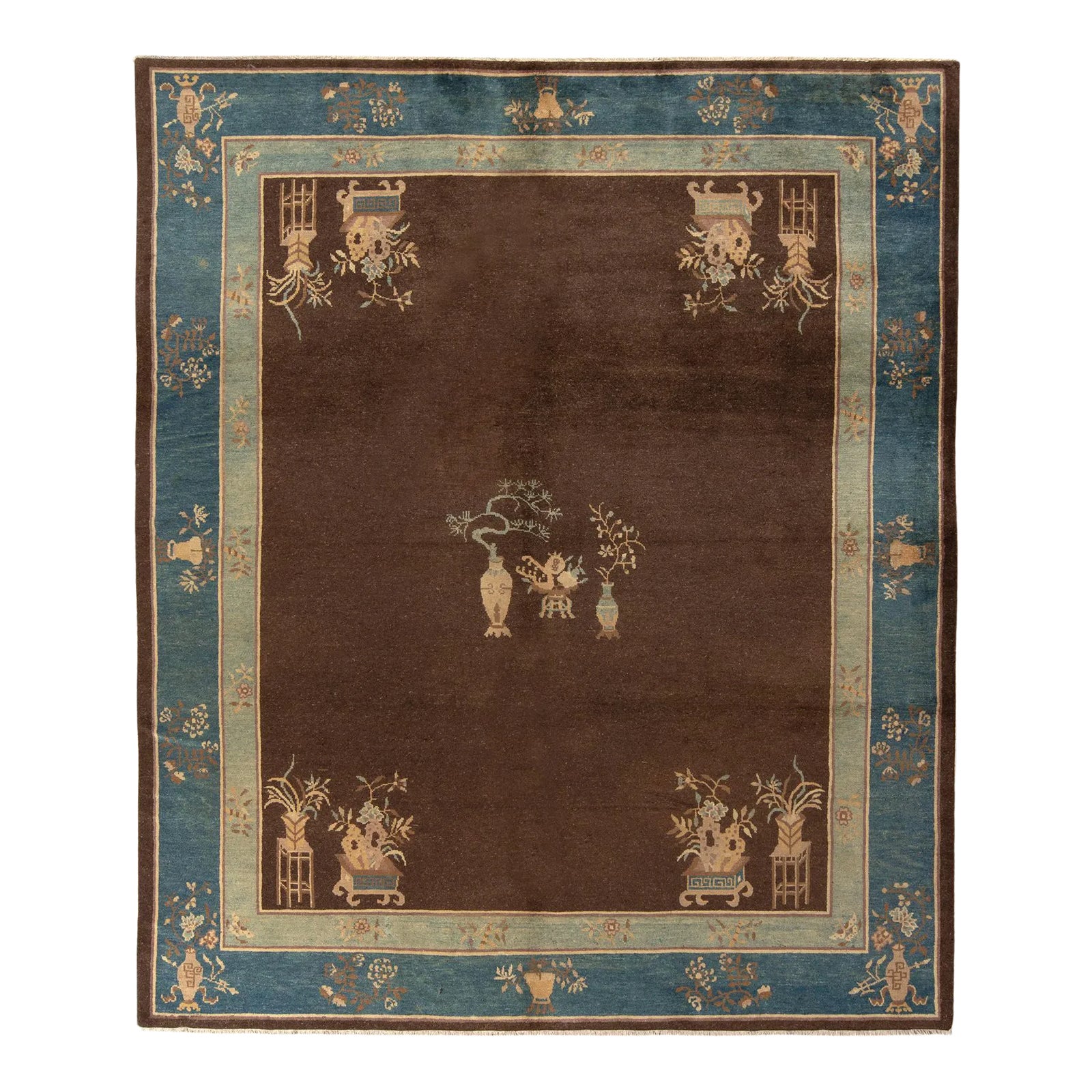 Hand-Knotted Antique Peking Chinese Deco Rug in Blue, Brown Pictorial ...