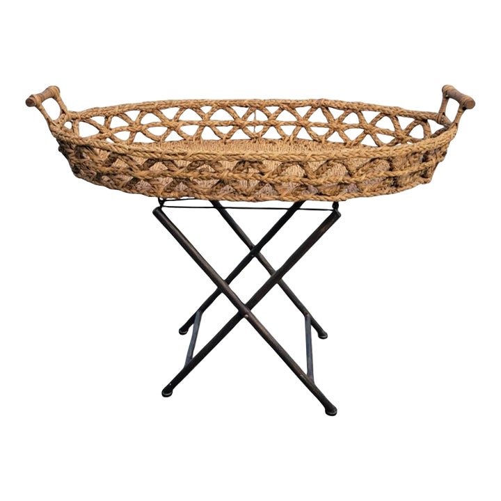 Vintage Large Oval Weaved Wicker Basket Folding Side Tray Table | Chairish