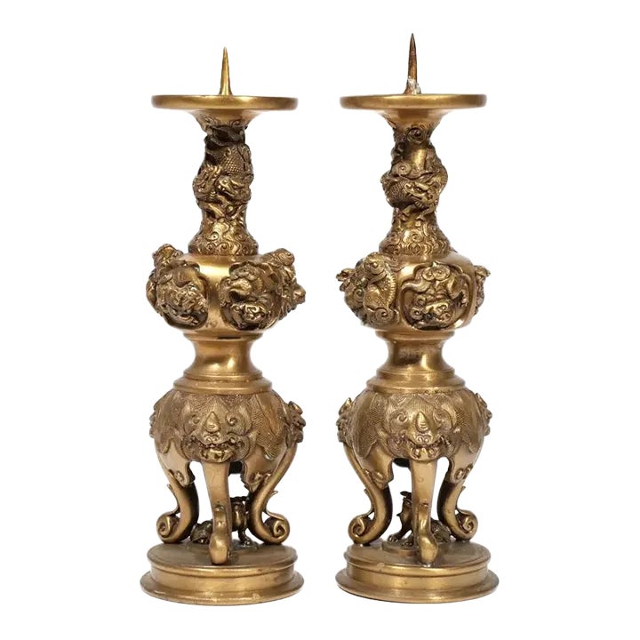 Late 19th Century Qing Dynasty Chinese Bronze Altar Candlesticks- a ...