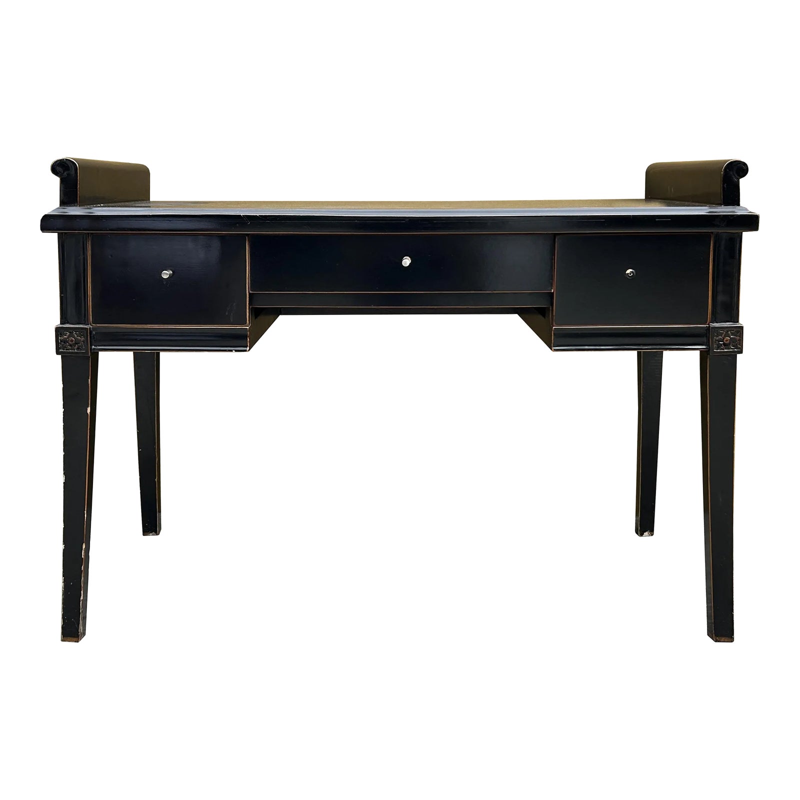 Chinese Black Lacquer 2 Drawers Foyer Scroll Edge Side Table Desk ...