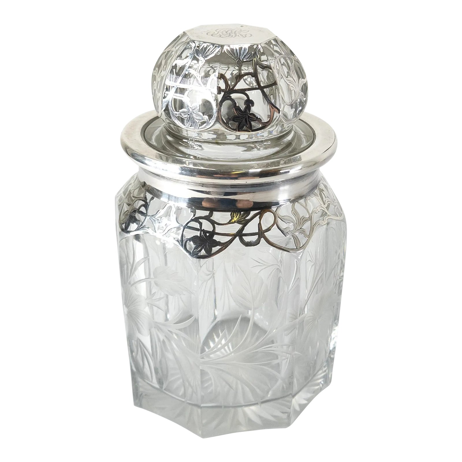 Early 20th Century Sterling Silver Overlay Engraved Glass Covered Jar ...