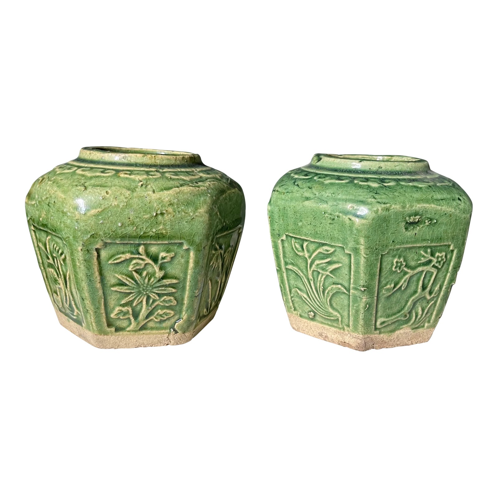 Antique Chinese Green Earthenware Jars - a Pair | Chairish