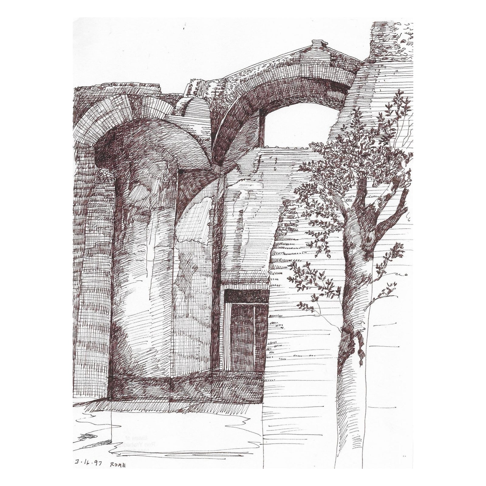 1997 Ron Yrabedra Roman Ruins Drawing | Chairish