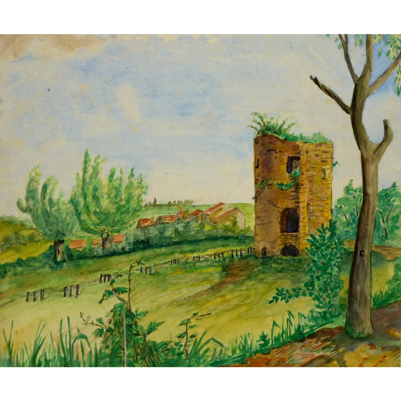 French Landscape - Overgrown Tower in Lush Green Field Under Cloudy ...