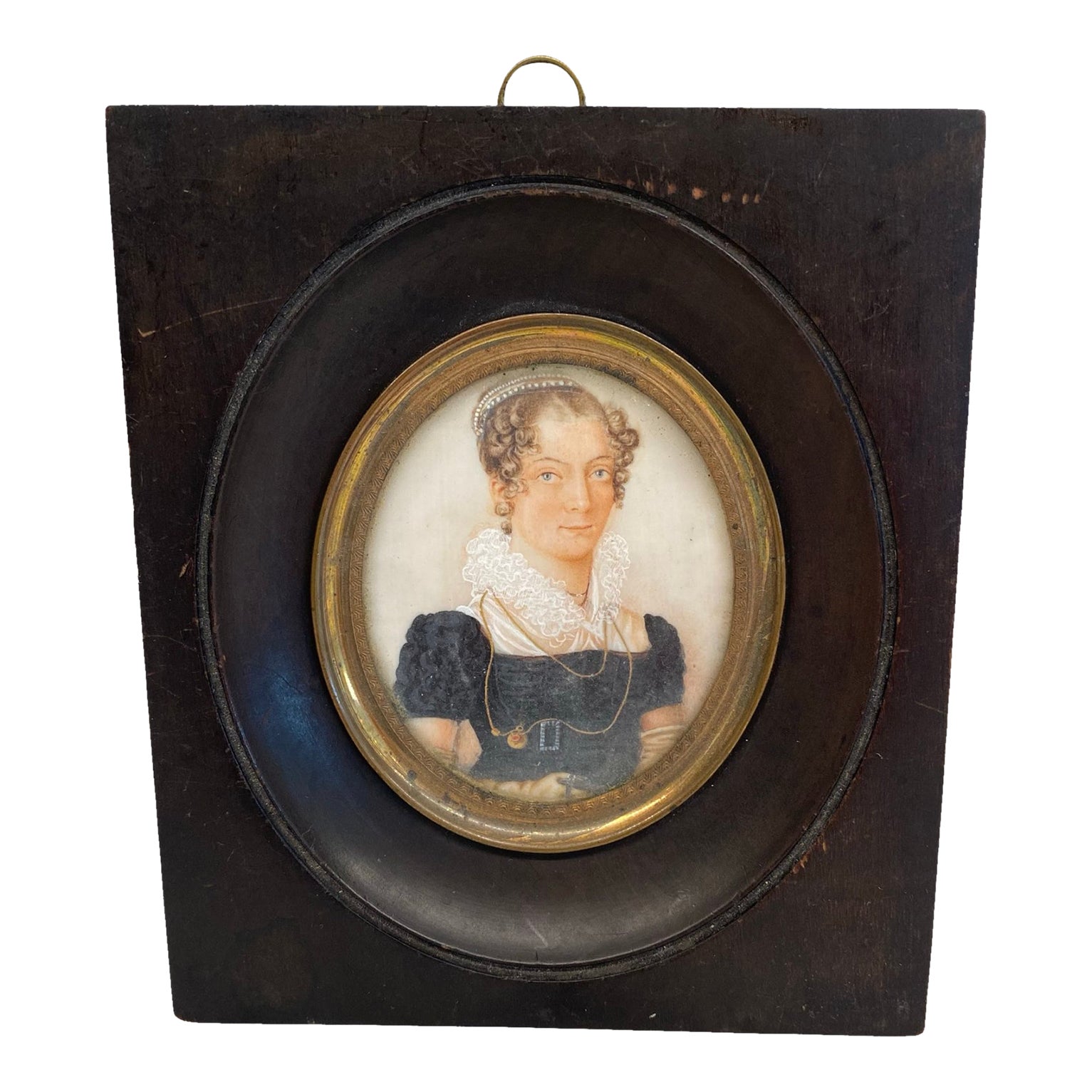 1823 French Miniature Oil Primitive Portrait of an Aristocratic Blue ...