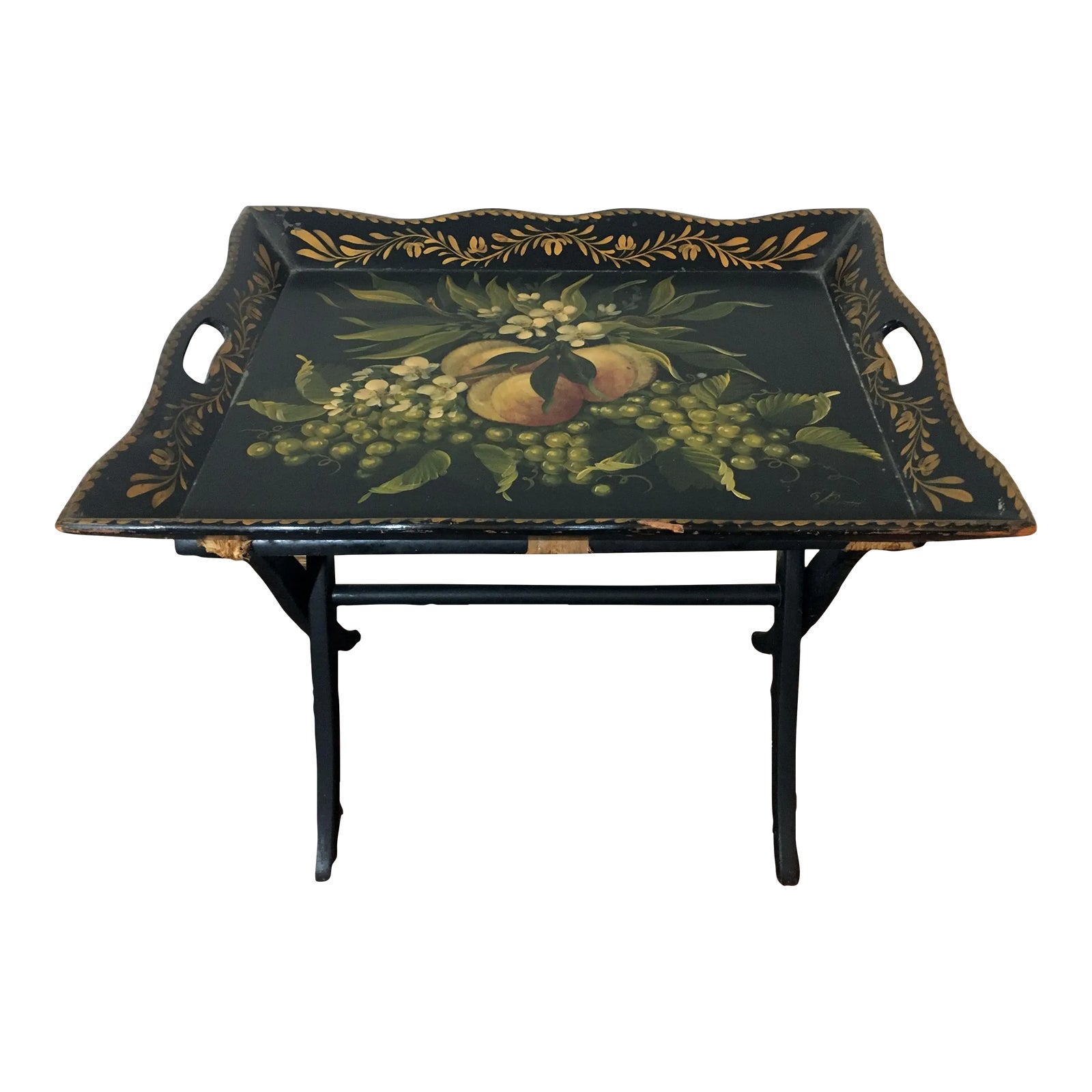 19th Century Hand-Painted Artist Signed Black Tray Table | Chairish