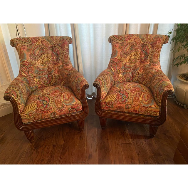 Large Comfortable Paisley & Mahogany Tall Back Club Chairs- a Pair ...