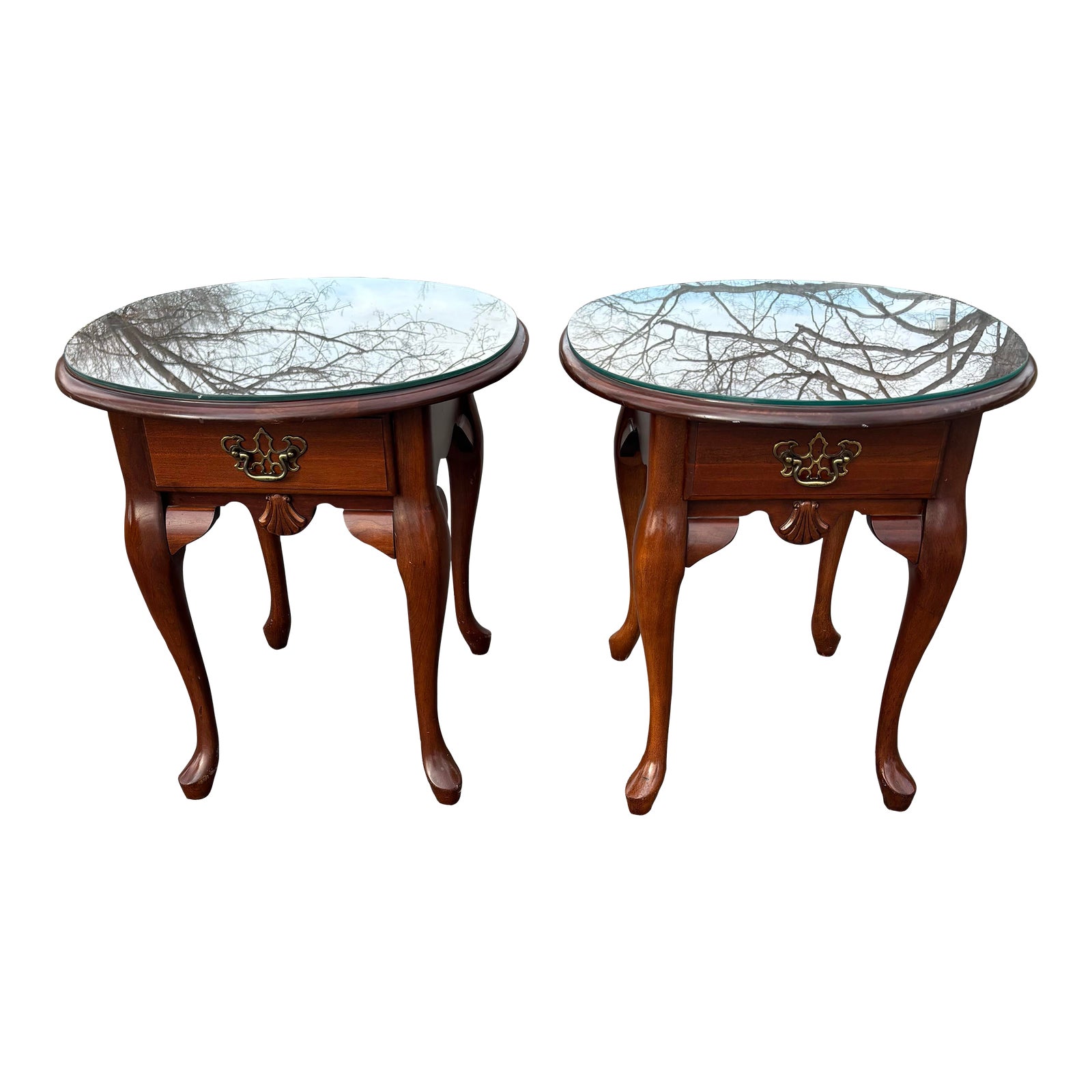 A 1990s Pair of Vintage Queen Anne Glass Top Oval Side Tables | Chairish