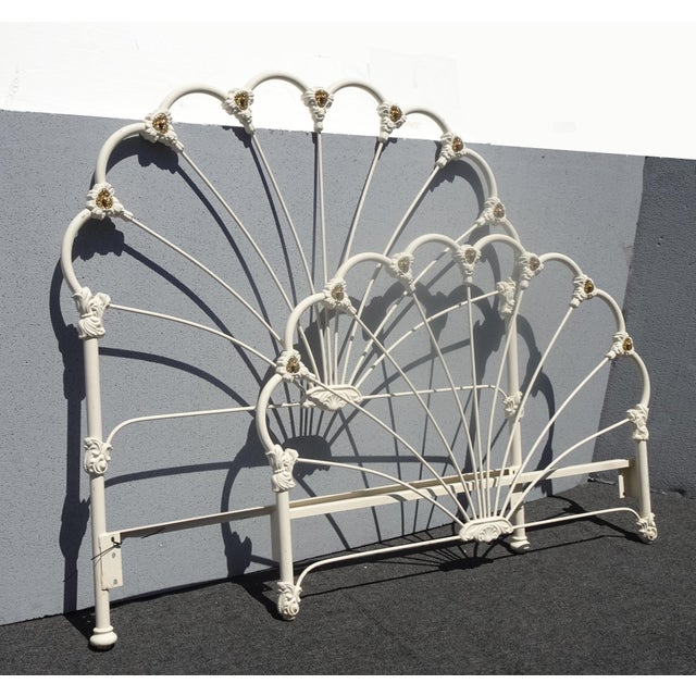 Vtg French Elliott's Design White Iron Brass Full Sunburst Bed Frame Headboard | Chairish
