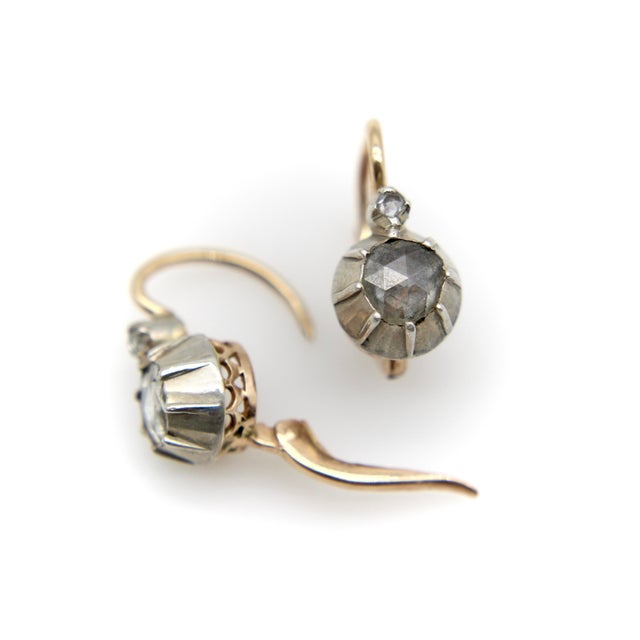 Late 19th Century 14k Gold and Silver Victorian Rose Cut Diamond Collet Set Dormeuse Earrings ...