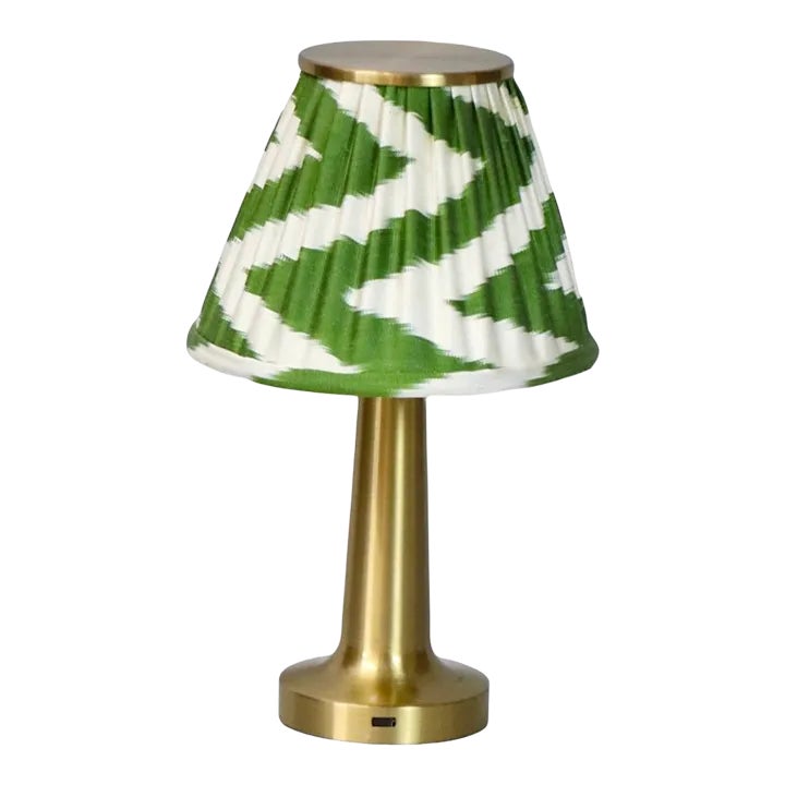21st Century Brass Finish Lamp with Green Ikat Lampshade | Chairish
